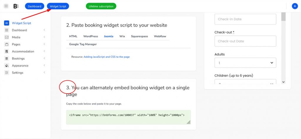 Embed the booking widget to an individual page (iFrame) - BNBForms