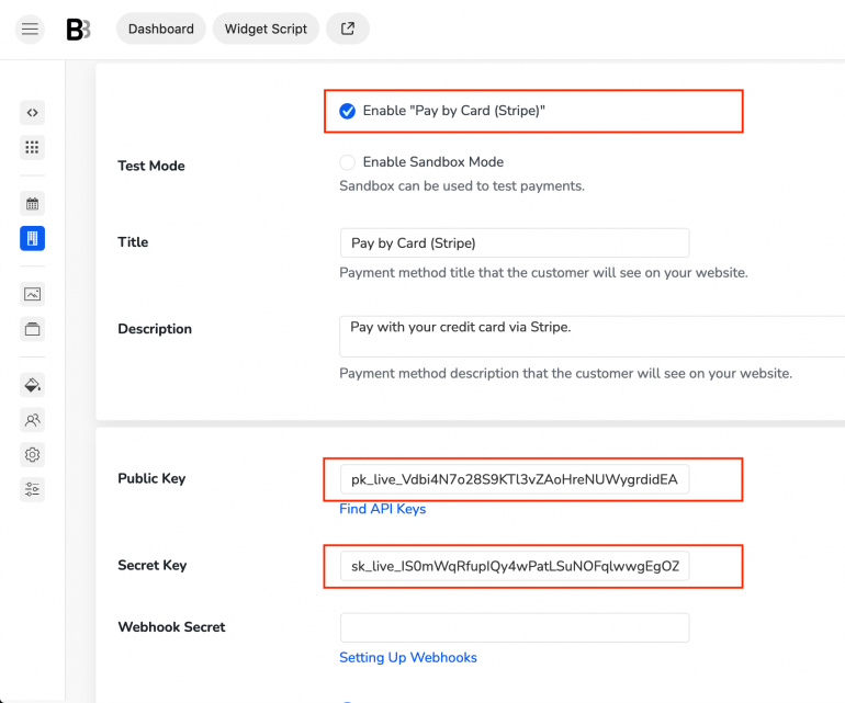 How to obtain keys and enable webhooks for Stripe - BNBForms