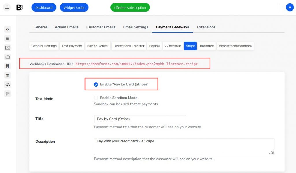 How to obtain keys and enable webhooks for Stripe - BNBForms