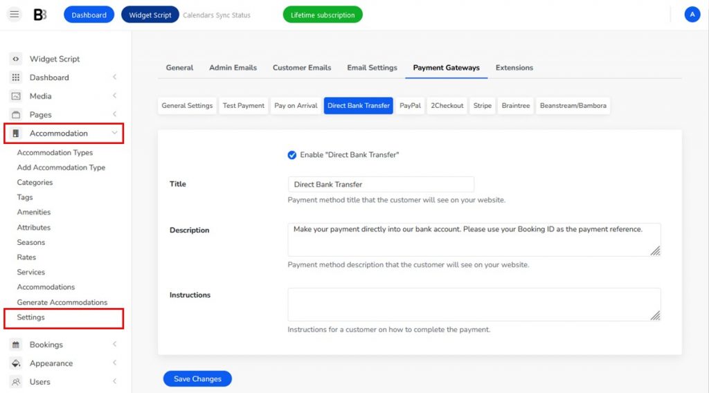 Direct bank transfer payment method - BNBForms