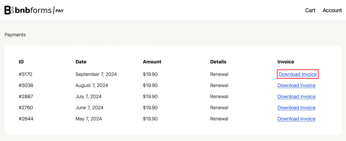 How to get your BNBForms subscription payment invoice - BNBForms
